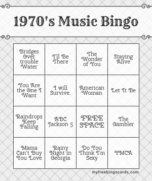 1970's Music Bingo