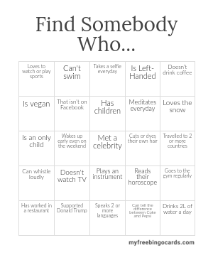 Print 100+ Find Somebody Who... Bingo Cards