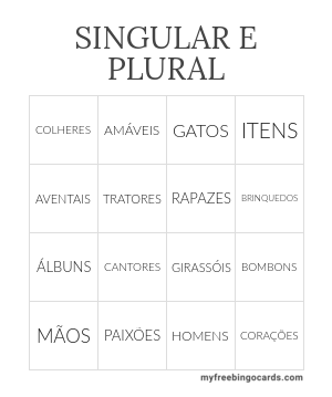 SINGULAR E PLURAL BINGO