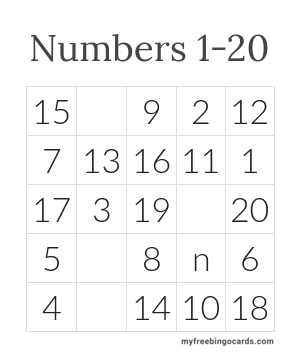Numbers 1-20 Bingo