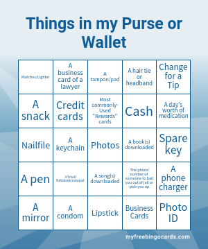 Print 100+ Things in my Purse or Wallet Bingo Cards