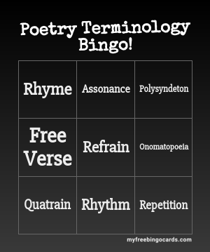 Print 100+ Poetry Terminology Bingo! Cards