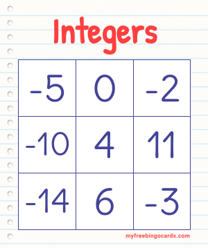 Integers Bingo