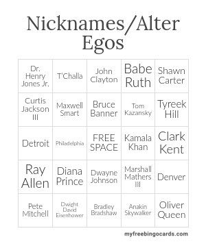 Nicknames/Alter Egos Bingo