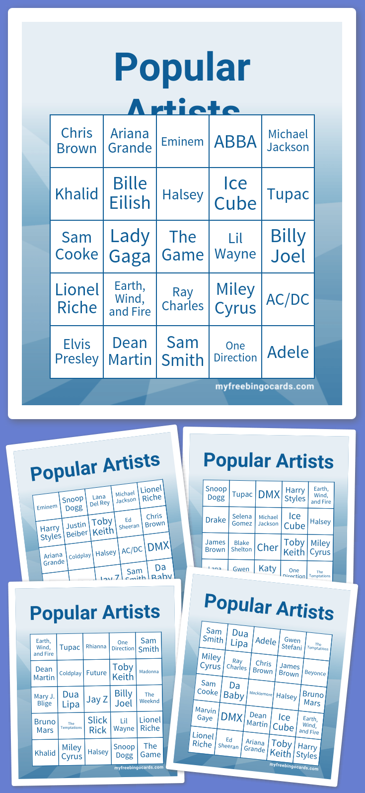 Virtual Popular Artists Bingo