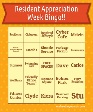 Print 100+ Resident Appreciation Week Bingo!! Cards