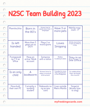 N2SC Team Building 2023 Bingo