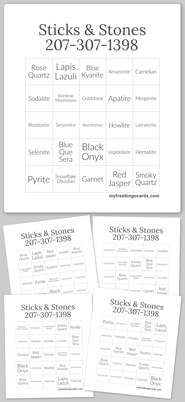 Virtual Sticks & Stones 207-307-1398 Bingo