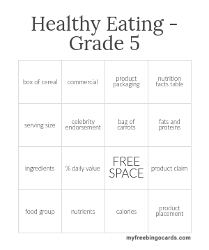 Healthy Eating - Grade 5 Bingo