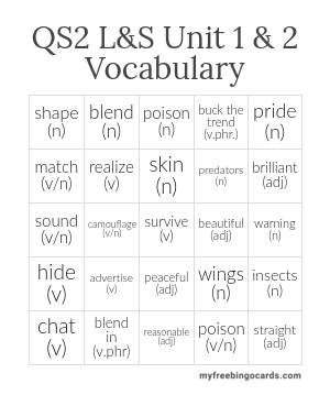 QS2 L&S Unit 1 & 2 Vocabulary Bingo