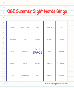 OBE Summer Sight Words Bingo