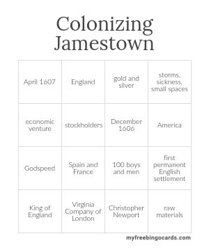 Colonizing Jamestown Bingo