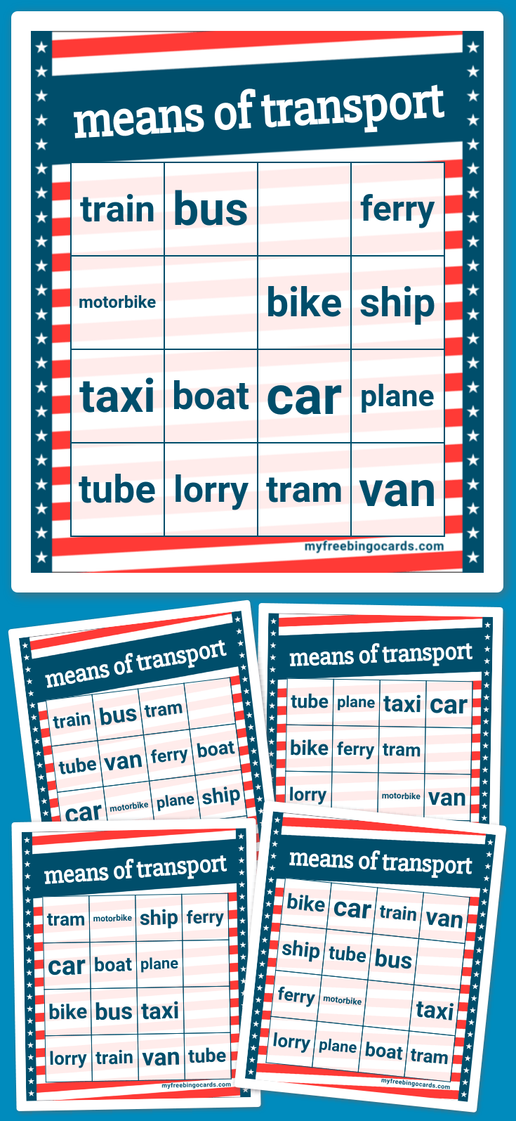 Virtual means of transport bingo