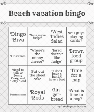 Beach vacation bingo
