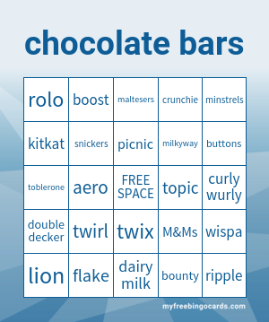 Print 100+ chocolate bars bingo cards