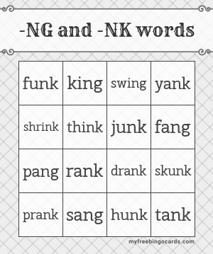 -NG and -NK words Bingo