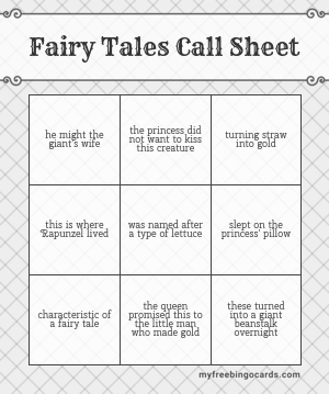 Fairy Tales Call Sheet Bingo