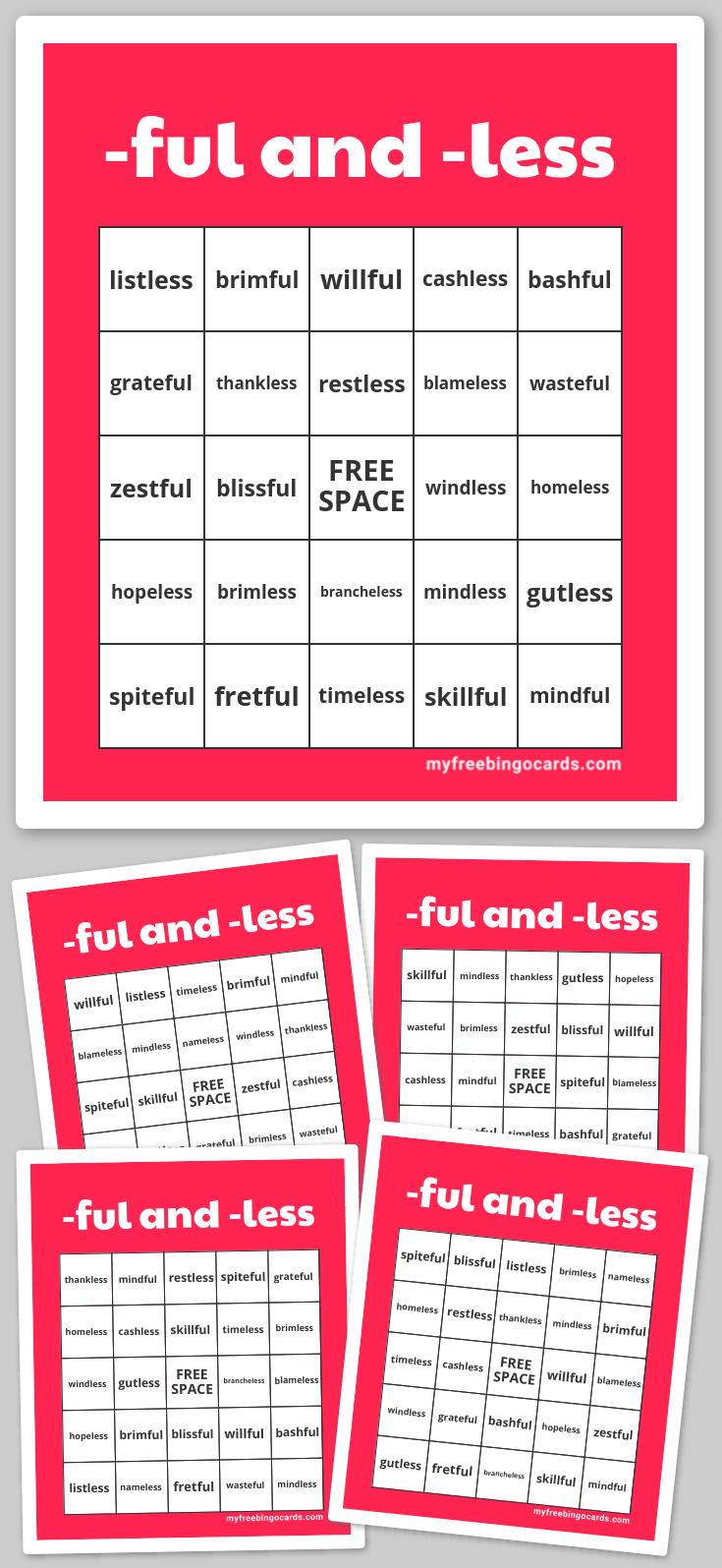 Virtual -ful and -less bingo