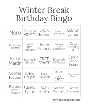 Winter Break Birthday Bingo