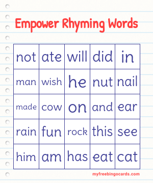 Print 100+ Empower Rhyming Words Bingo Cards