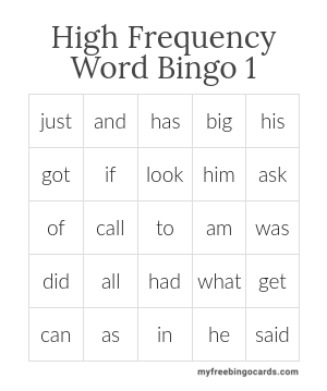 High Frequency Word Bingo 1