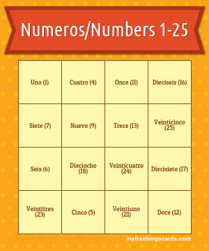Numeros/Numbers 1-25 Bingo