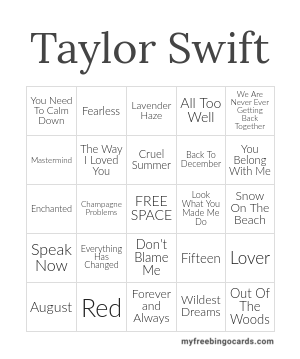 Taylor Swift Bingo
