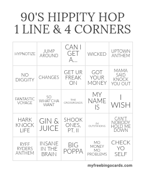 90'S HIPPITY HOP 1 LINE & 4 CORNERS BINGO