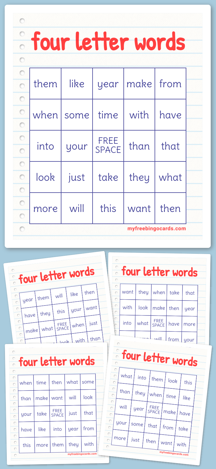 Virtual four letter words bingo