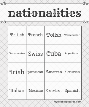 nationalities bingo