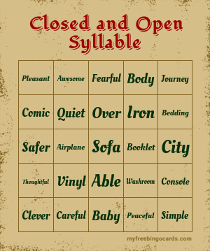 Closed and Open Syllable Bingo