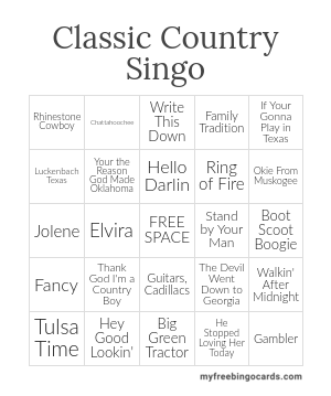 Classic Country Singo Bingo