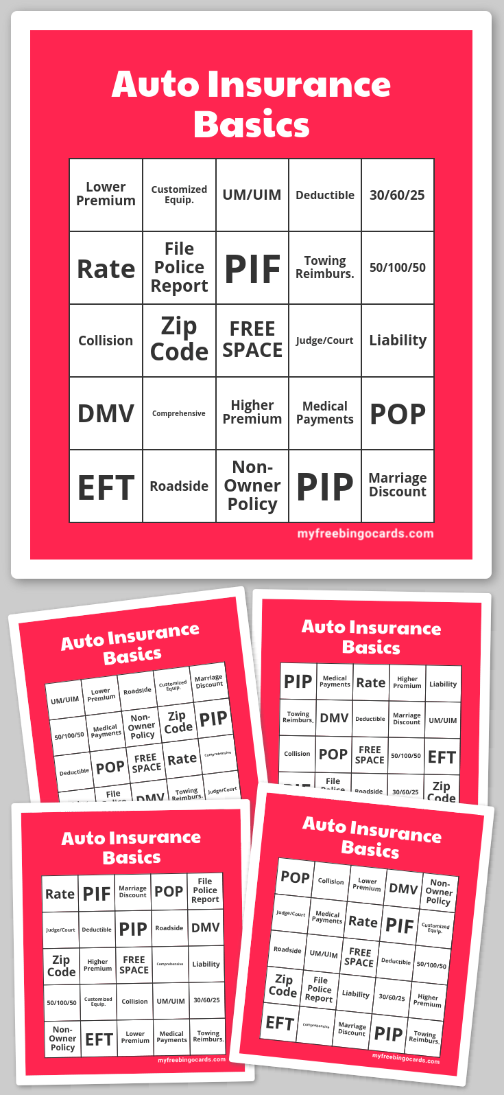 Virtual Auto Insurance Basics Bingo