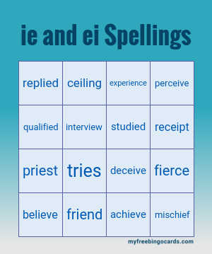 ie and ei Spellings Bingo