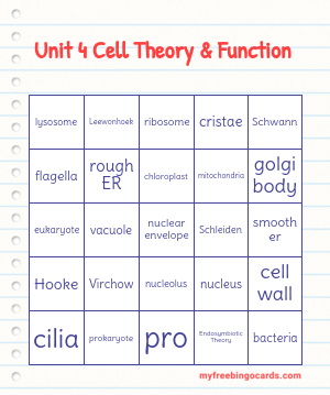 Unit 4 Cell Theory & Function Bingo