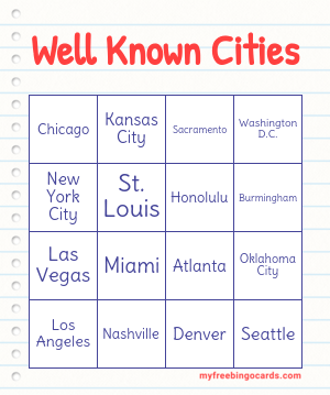 Well Known Cities Bingo