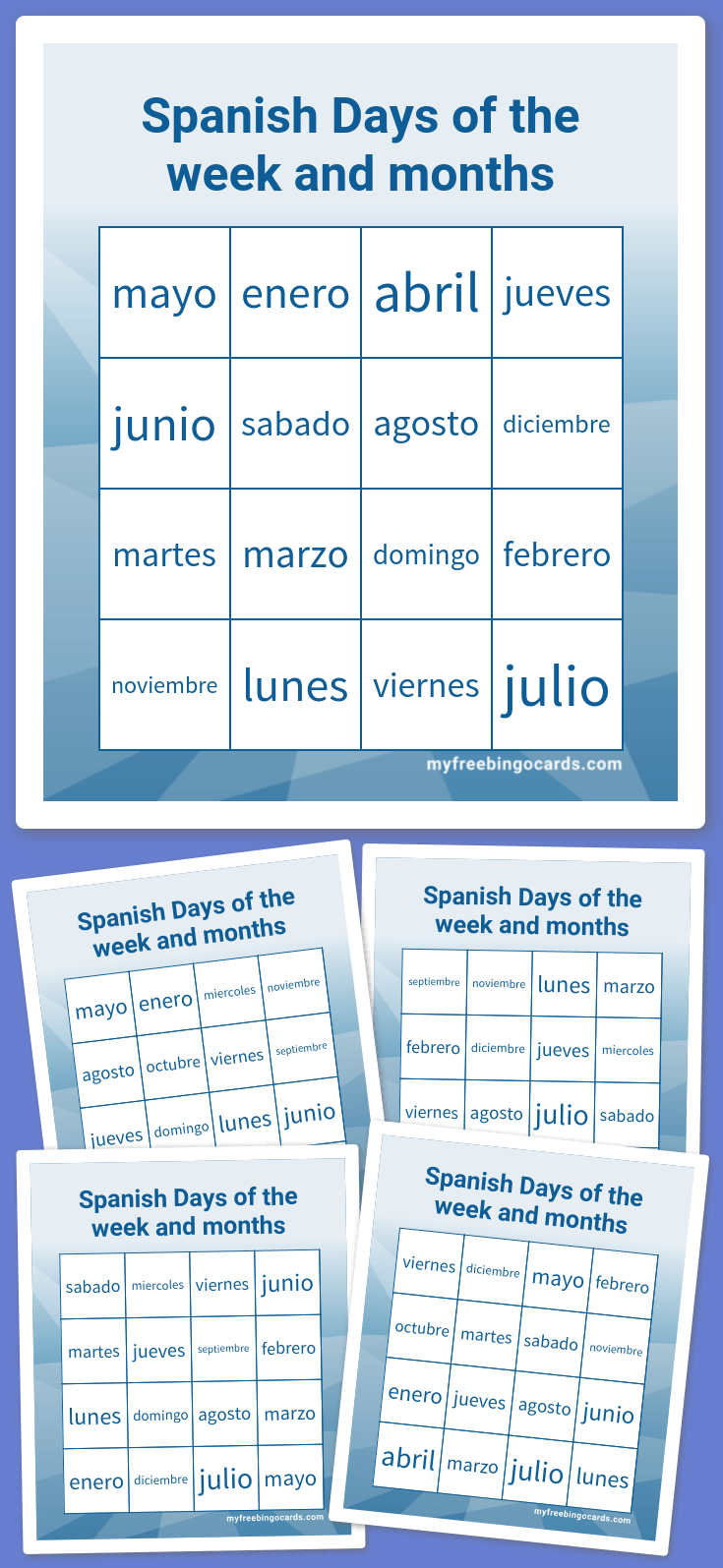 Virtual Spanish Days of the week and months Bingo