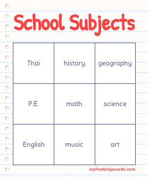 School Subjects Bingo