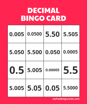 DECIMAL BINGO CARD