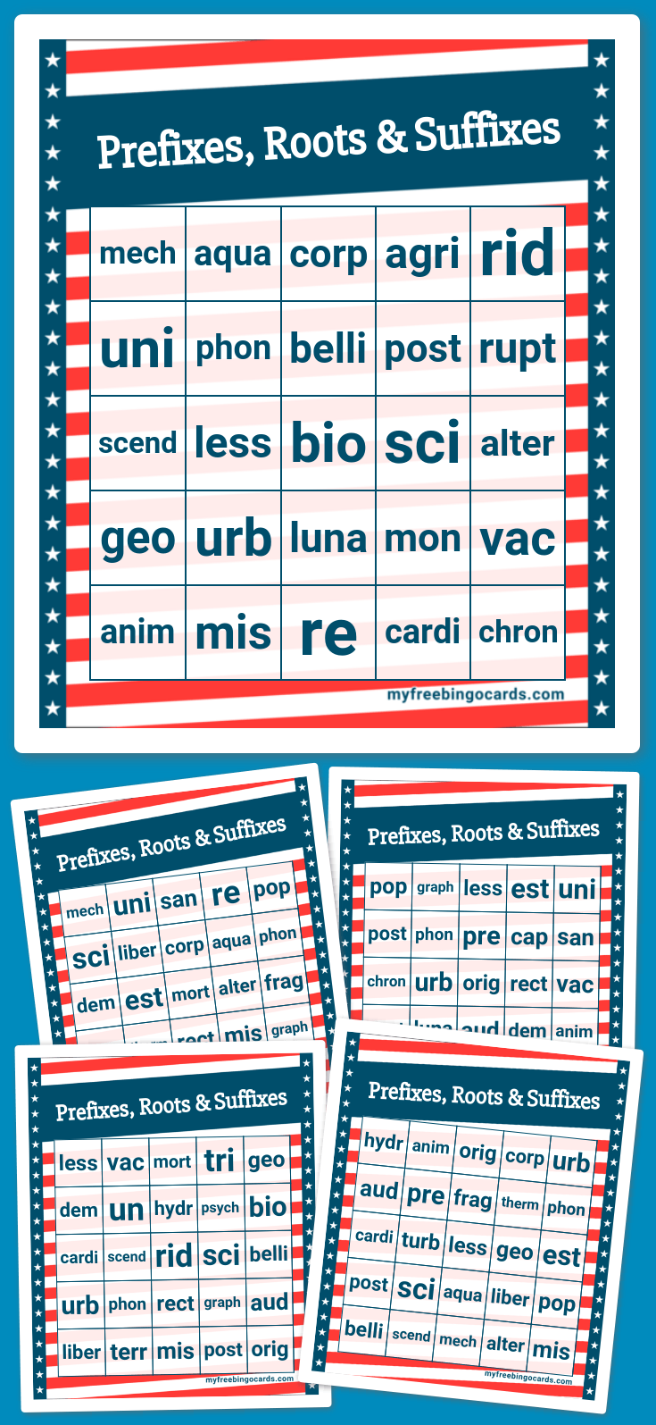 Virtual Prefixes, Roots & Suffixes Bingo
