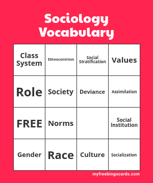 Print 100+ Sociology Vocabulary Bingo Cards