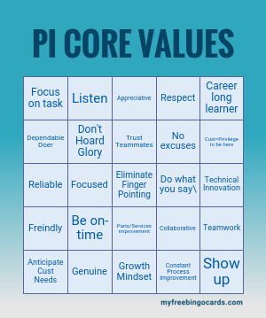 PI CORE VALUES BINGO