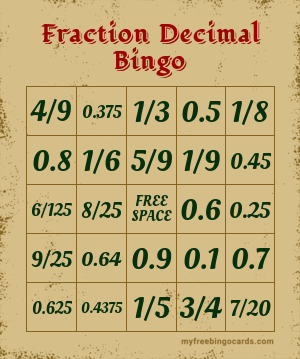 Fraction Decimal Bingo