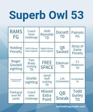 Print 100+ Superb Owl 53 Bingo Cards