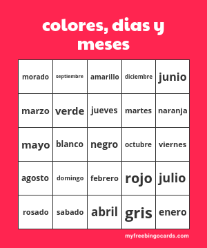 colores, dias y meses bingo