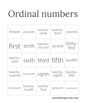 Ordinal numbers Bingo