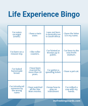 Life Experience Bingo