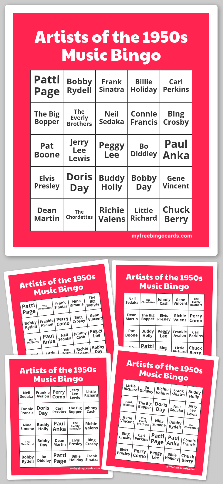 Virtual Artists Of The 1950s Music Bingo