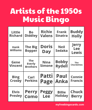 Artists of the 1950s Music Bingo