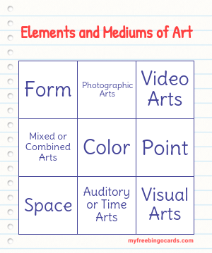 Elements and Mediums of Art Bingo